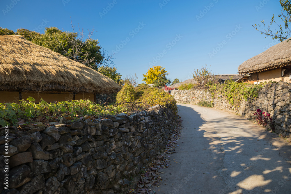 Korean traditional village and stone wall road. Traditional farm ...