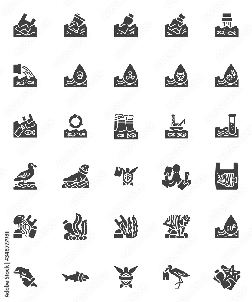 Water pollution vector icons set, modern solid symbol collection, ocean ...