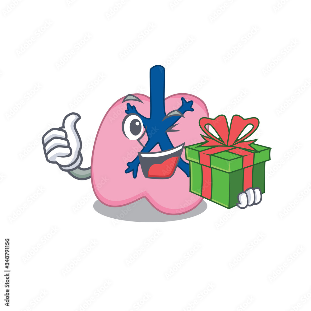 Vetor de joyful lung cartoon character with a big gift box do Stock ...
