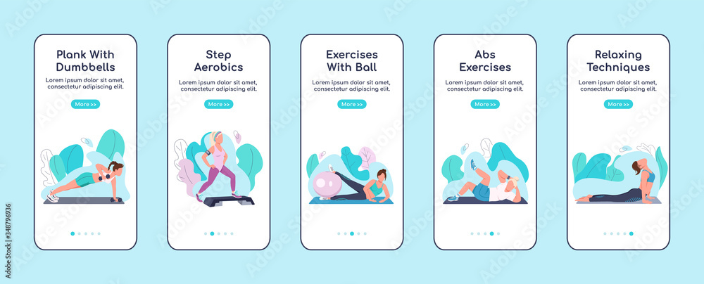 Fitness exercises onboarding mobile app screen flat vector template ...