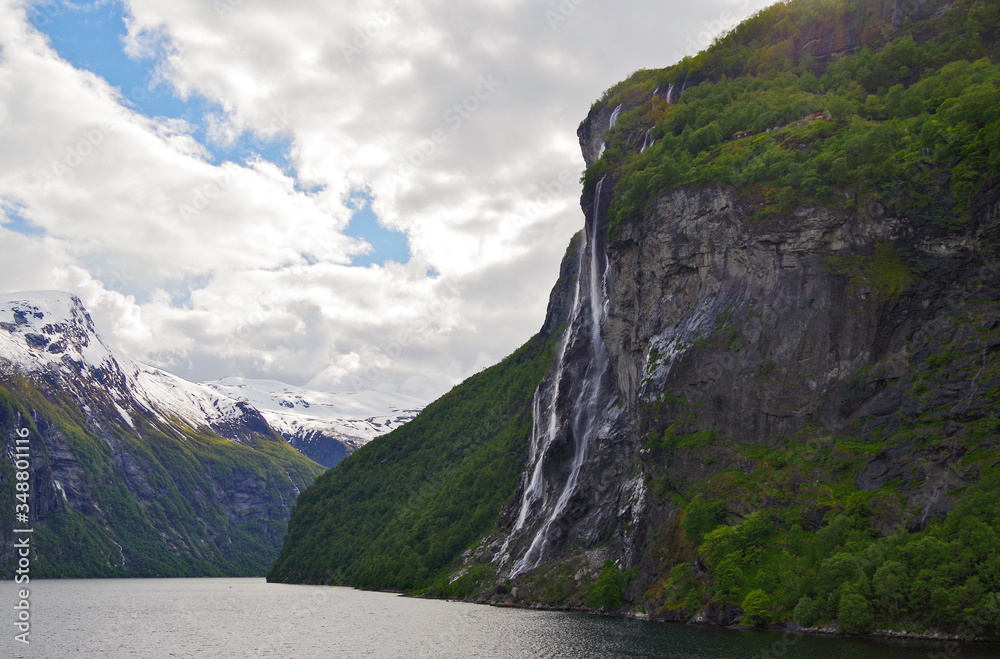 Panoramic view of Seven Sisters waterfall cascading down cliff in ...