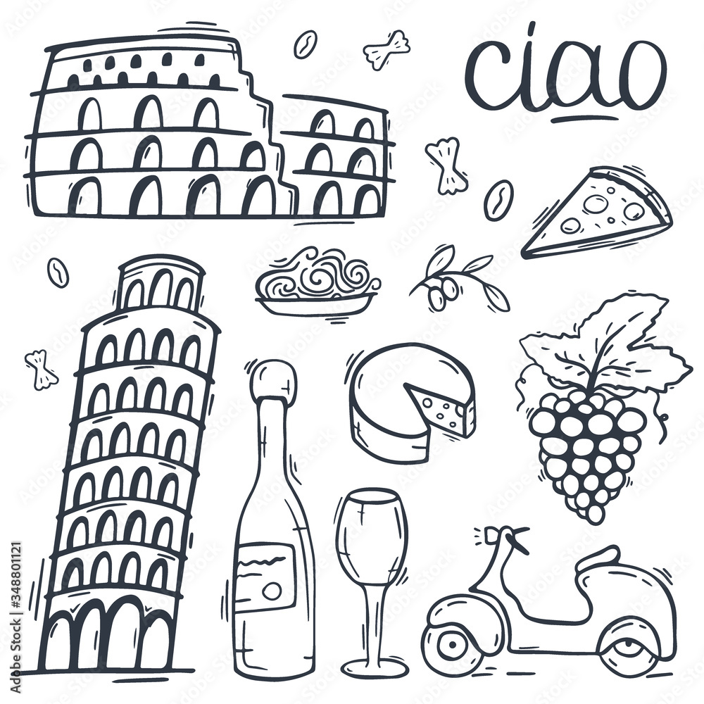 Cartoon cute hand drawn Italian travel background. Vector illustration ...