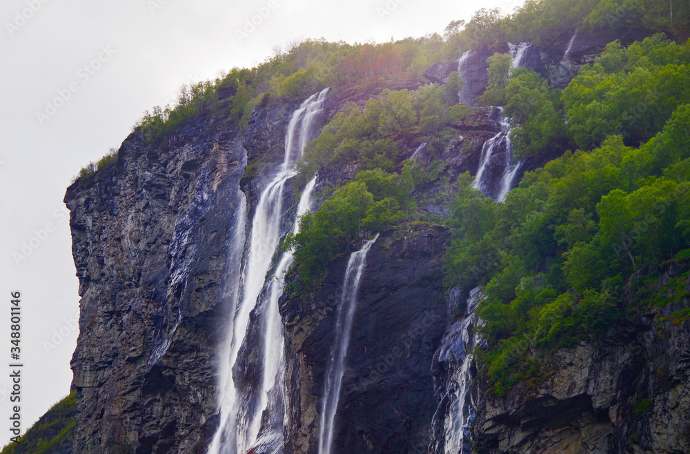 Panoramic view of Seven Sisters waterfall cascading down cliff in ...