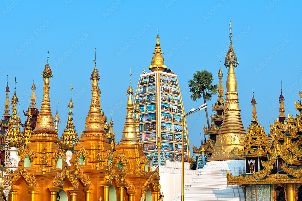 Myanmar, Yangon, elements of Golden Pagoda The Shwedagon against the ...
