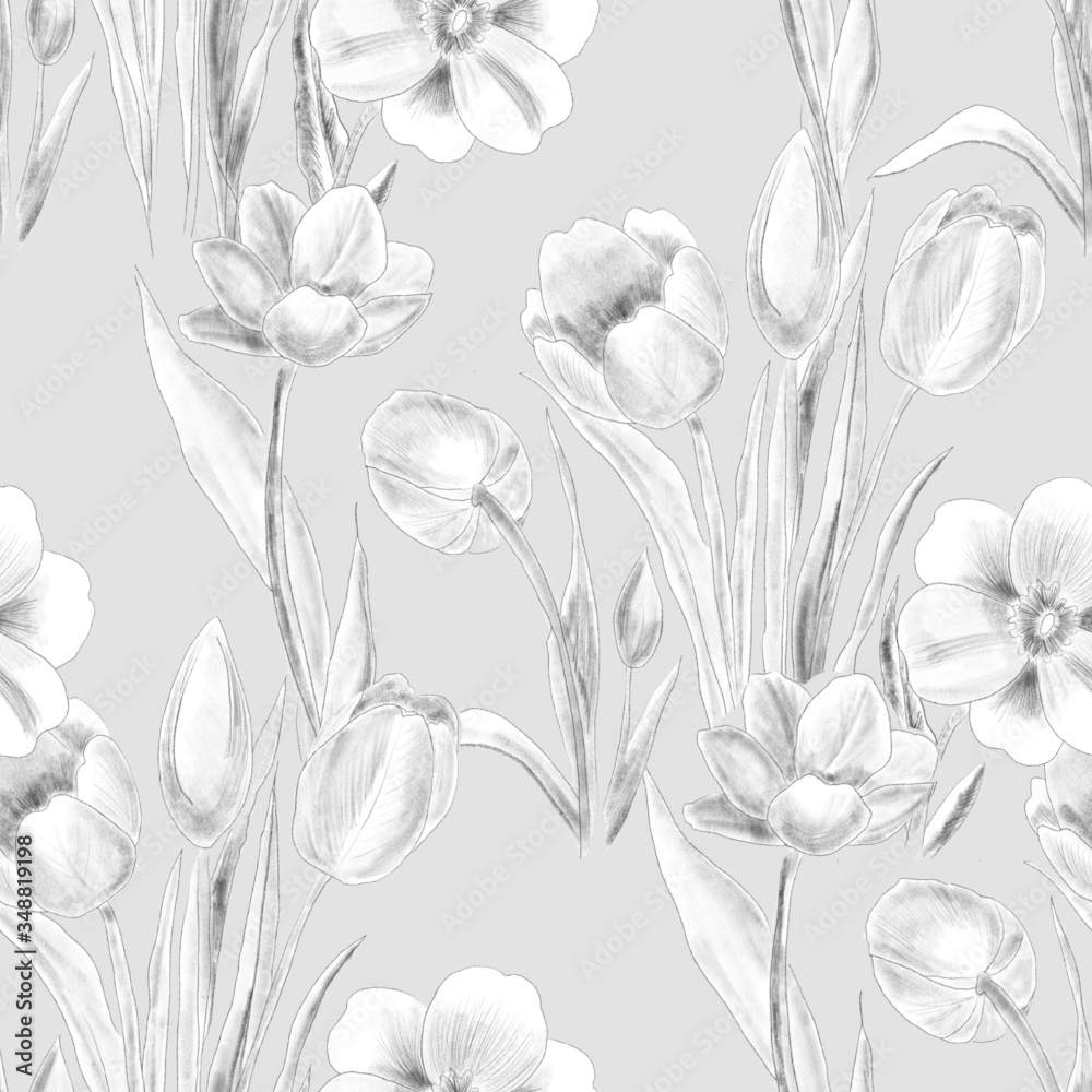 seamless pattern of Tulip flowers pencil drawing Tulip buds for ...