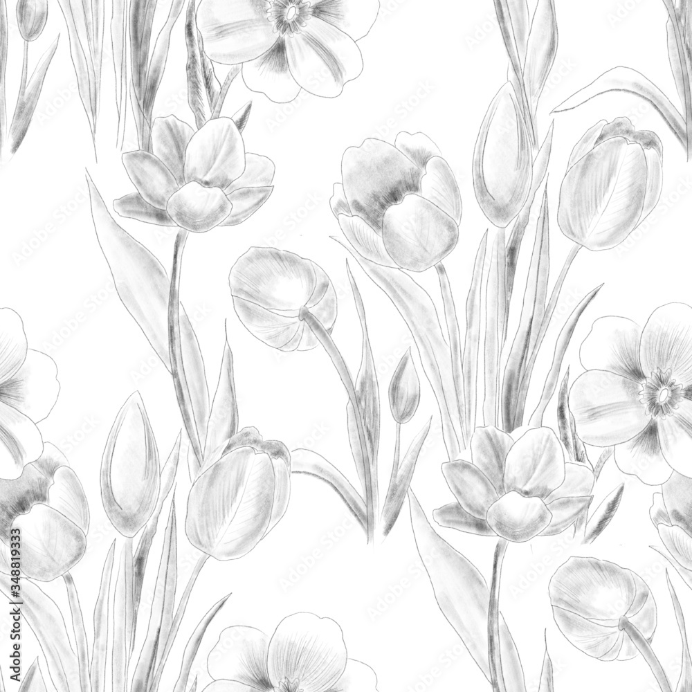 seamless pattern of Tulip flowers pencil drawing Tulip buds for ...