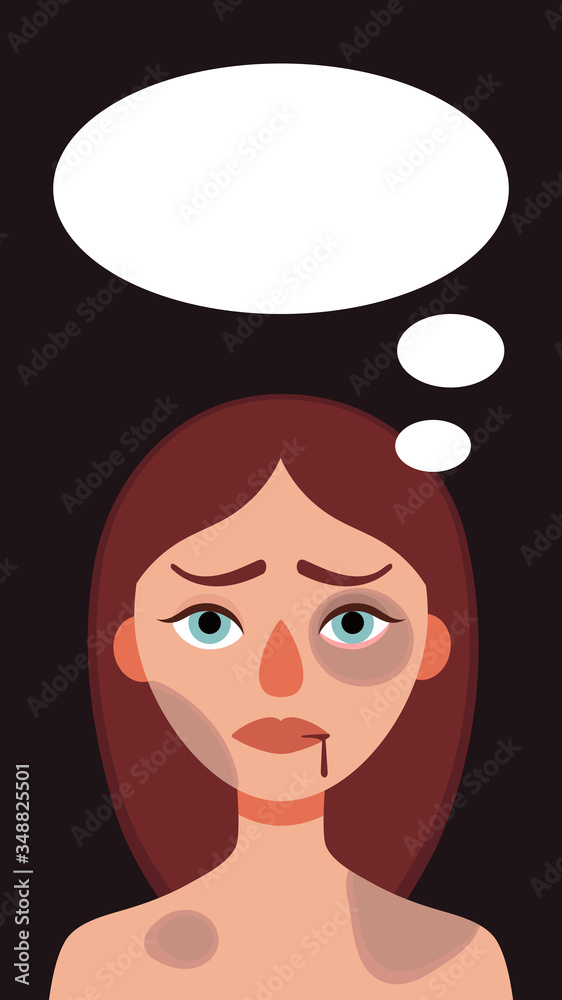 Sad woman with bruises and wounds speech bubble on dark background ...