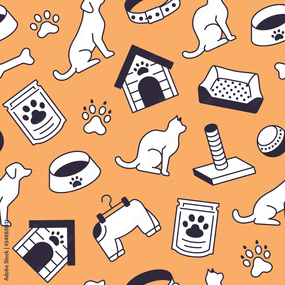 Pet shop vector seamless pattern with flat line icons of dog house, cat ...