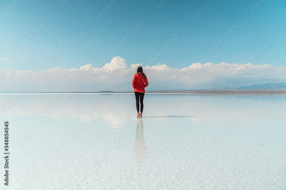 Travel. Woman. Salt Flats Uyuni Bolivia. Tourist girl on beautiful ...