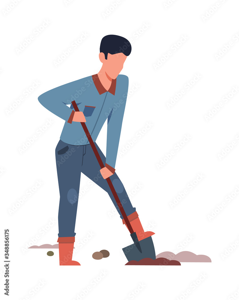 Digging man in garden. Person in backyard lawn with dig, isolated ...