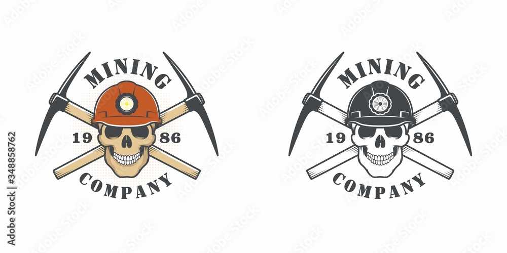 Set of color illustrations skull miner in a helmet and crossed pickaxes ...