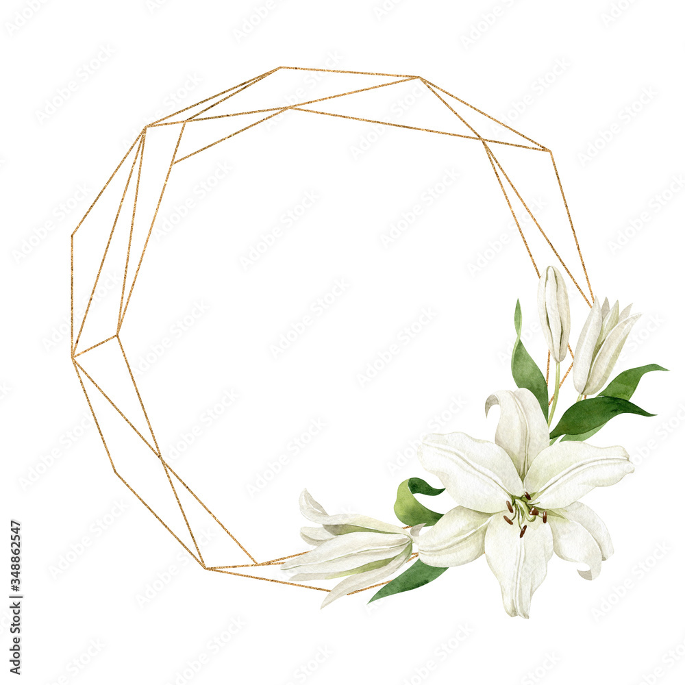 Watercolor white lilies with round golden geometric frame isolated on ...