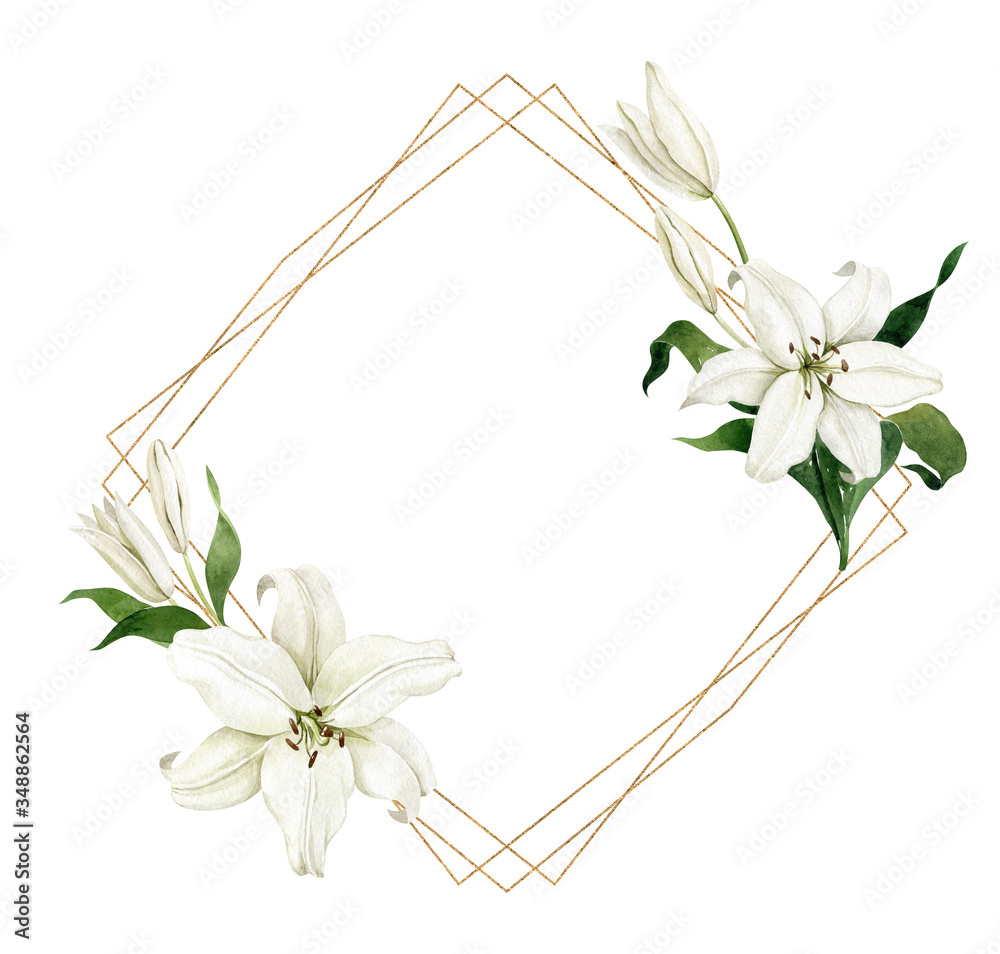 Watercolor white lilies with square golden geometric frame isolated on ...