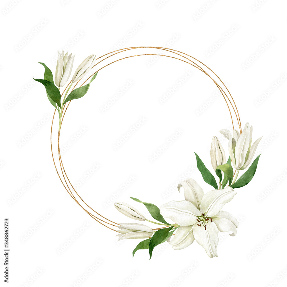 Watercolor white lilies with thin round golden geometric frame isolated ...