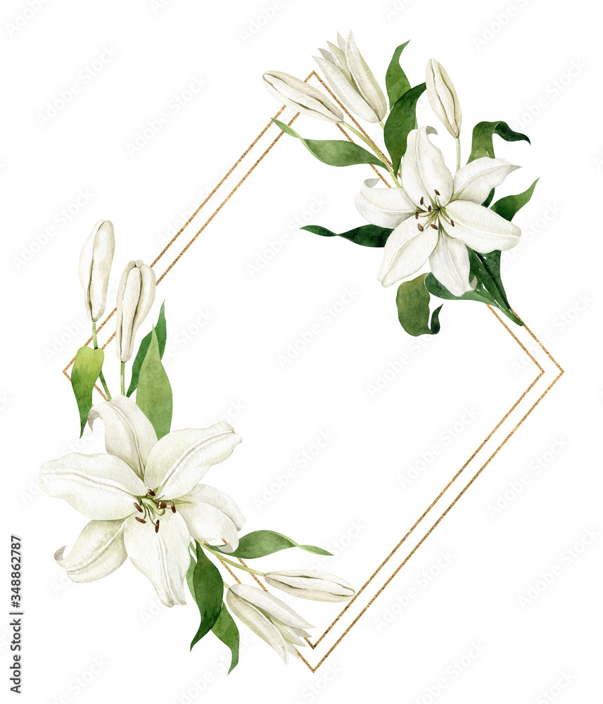 Watercolor white lilies with square golden geometric frame isolated on ...