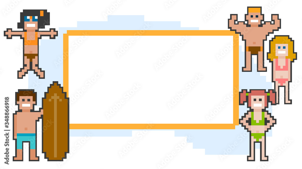 Pixel beach people with signboard.Vector pixel beach people showing ...