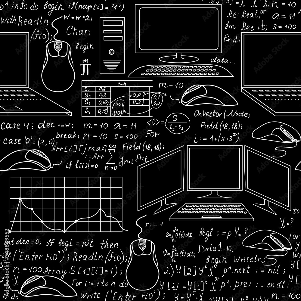 Technical Vector Seamless Pattern With Programming Code Charts And Flow Diagrams Formulas