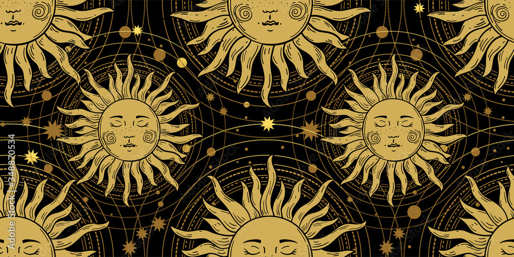Seamless pattern with the golden sun on a black background, galaxies ...
