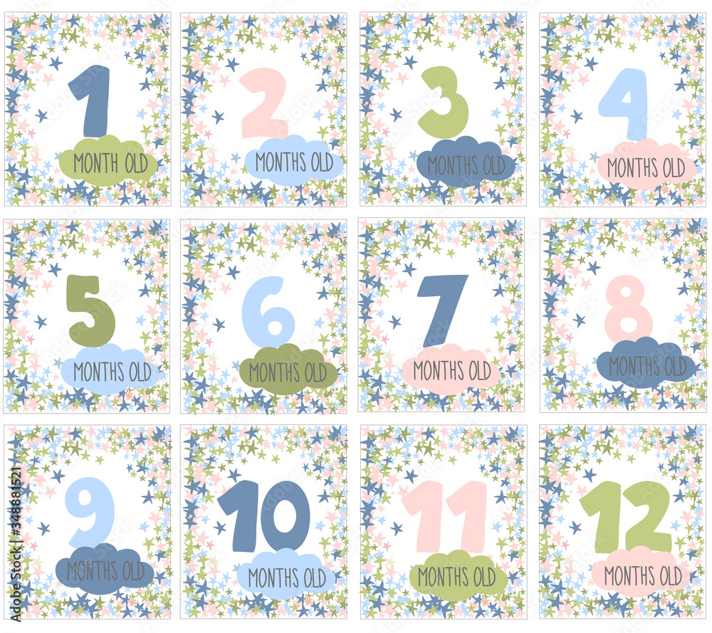 Set of baby milestone cards for boy or girl. From 1 to 12 months ...