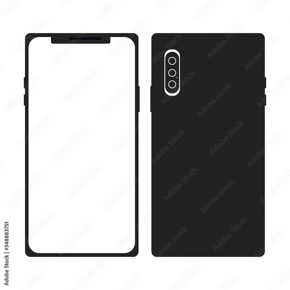 Smartphone in black color icon with blank white screen, front and back ...