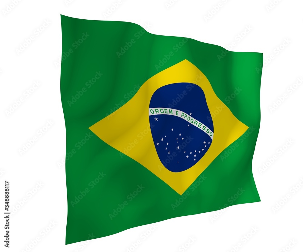 Waving flag of Brazil. Ordem e Progresso. Order and progress. Rio de ...