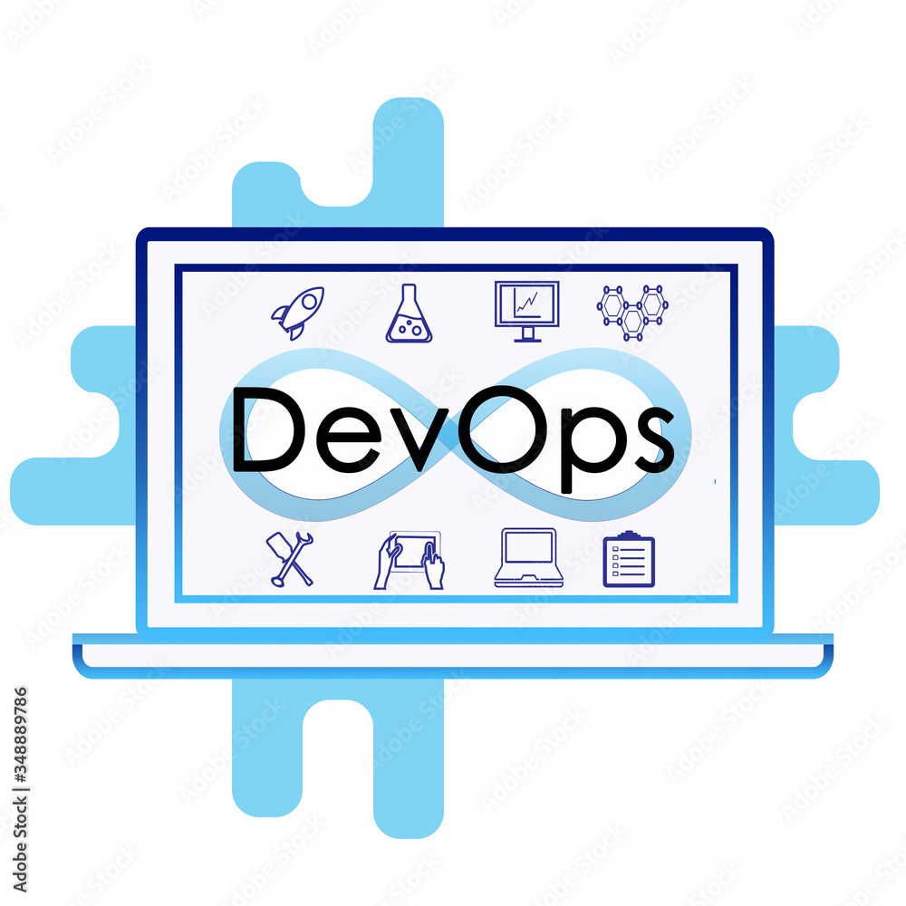 DEVOPS concept. Developers and operations symbols on laptop screen ...