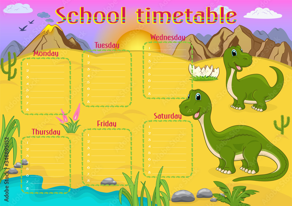 School timetable template with Brontosaurus cartoon characters ...