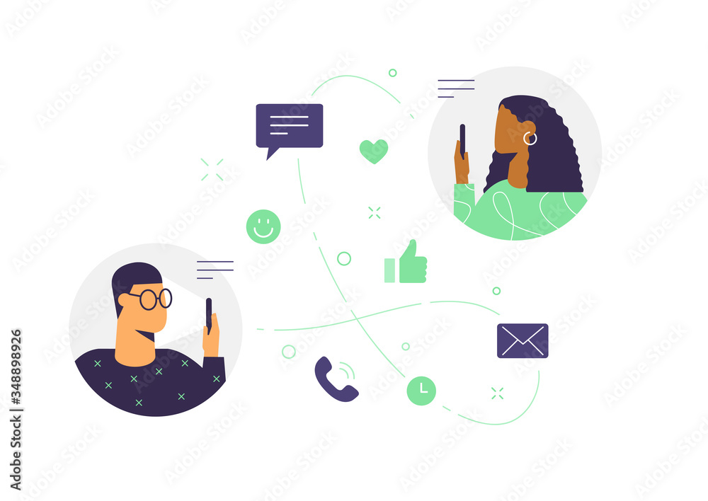 Two characters communicate using online videos, call and messages ...
