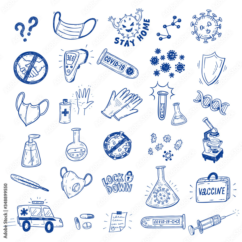 CoronaVirus Covid-19 protection vector sketch set with hand drawn ...