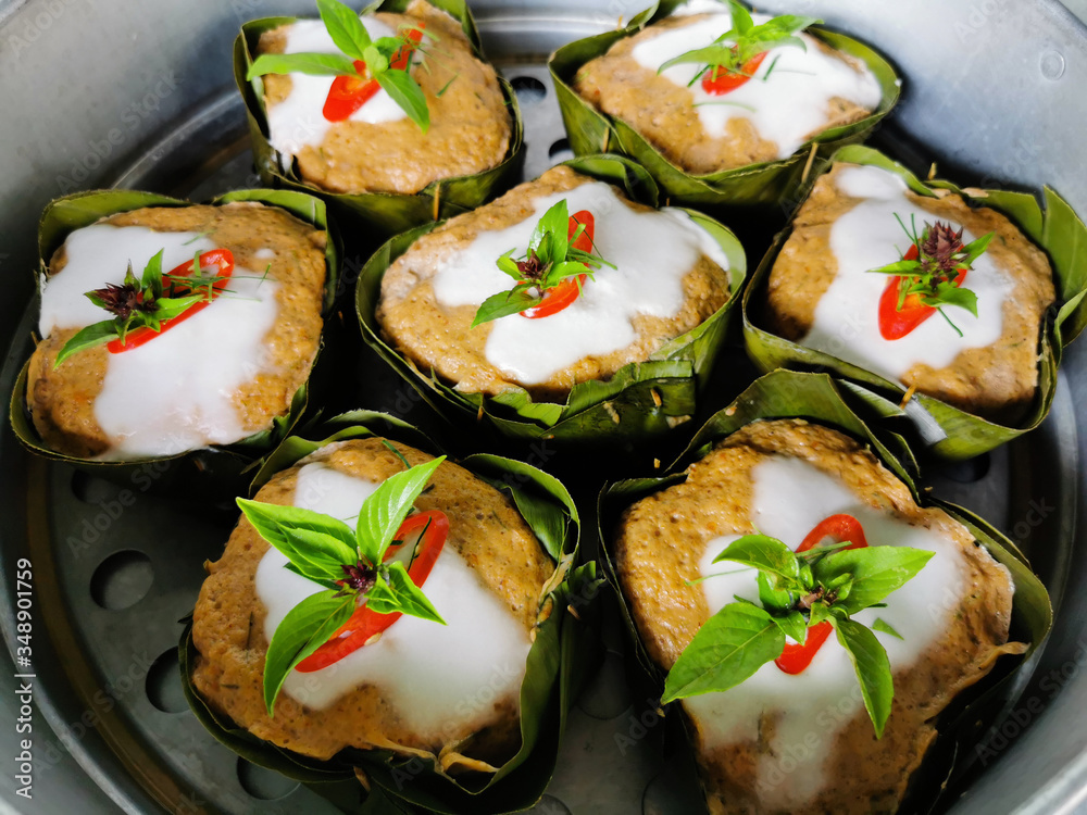 ็Hor Mok is Thai style steamed fish curry. It is fish meat mixed with ...