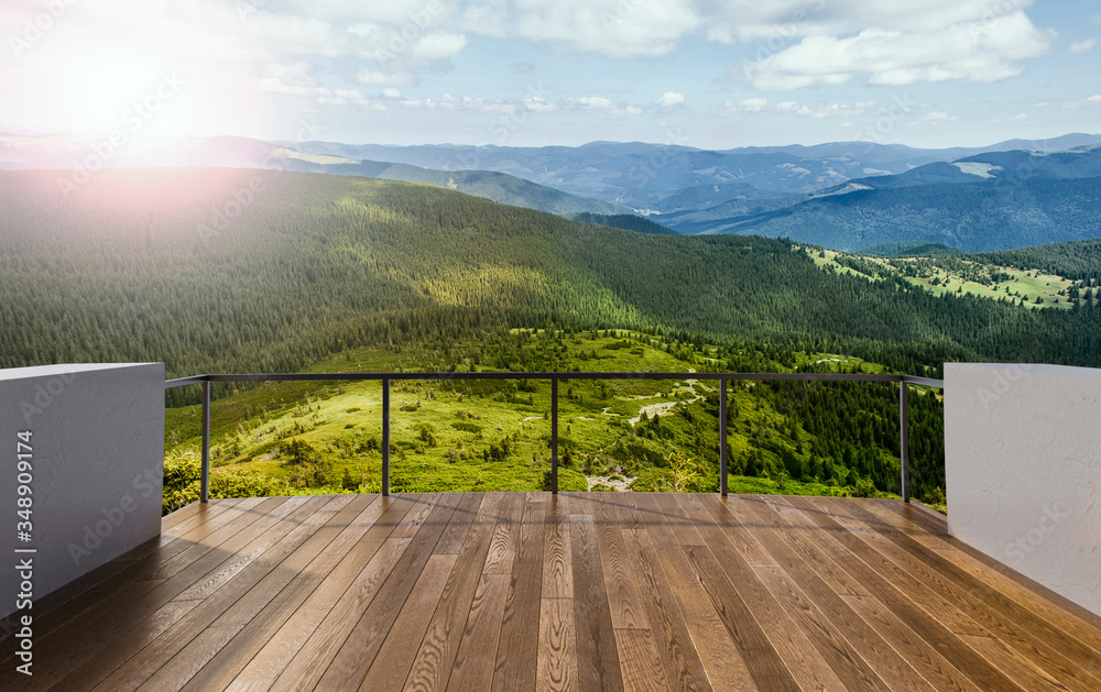 Luxury terrace in the mounting house. Balcony view of mountains ...