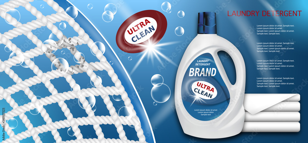 Laundry detergent gel advertising. Branded bleach, fabric softener ...