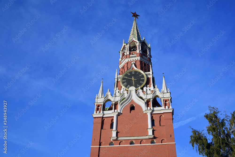 Architecture of Moscow Kremlin. Spasskaya clock tower. Popular landmark ...
