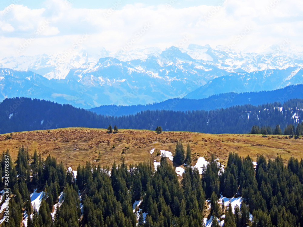 Alpine hill First next to the Swiss mountain range of Pilatus and in the Emmental Alps, Alpnach ...