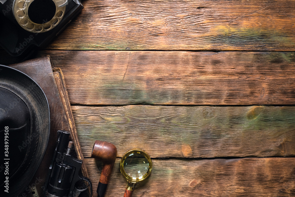 Detective agent desk with retro accessories flat lay background. Stock ...