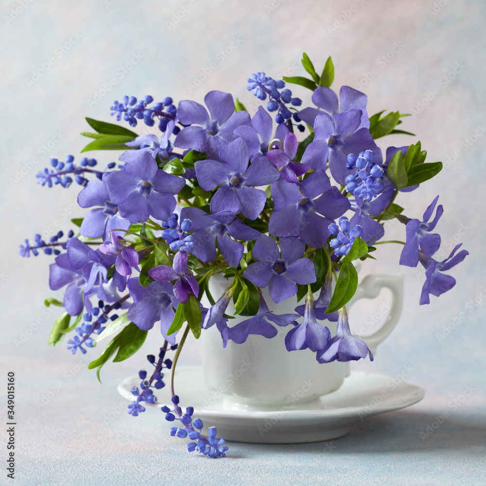 Bouquet with blue and purple flowers in a mug, periwinkle, muscari ...