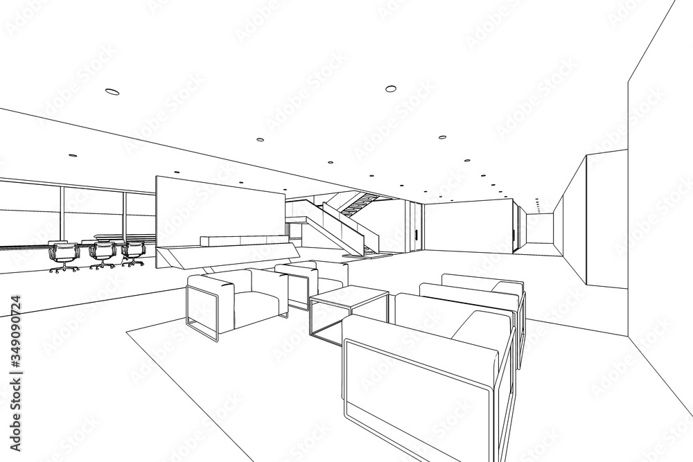 interior outline sketch drawing perspective of a space office Stock ...