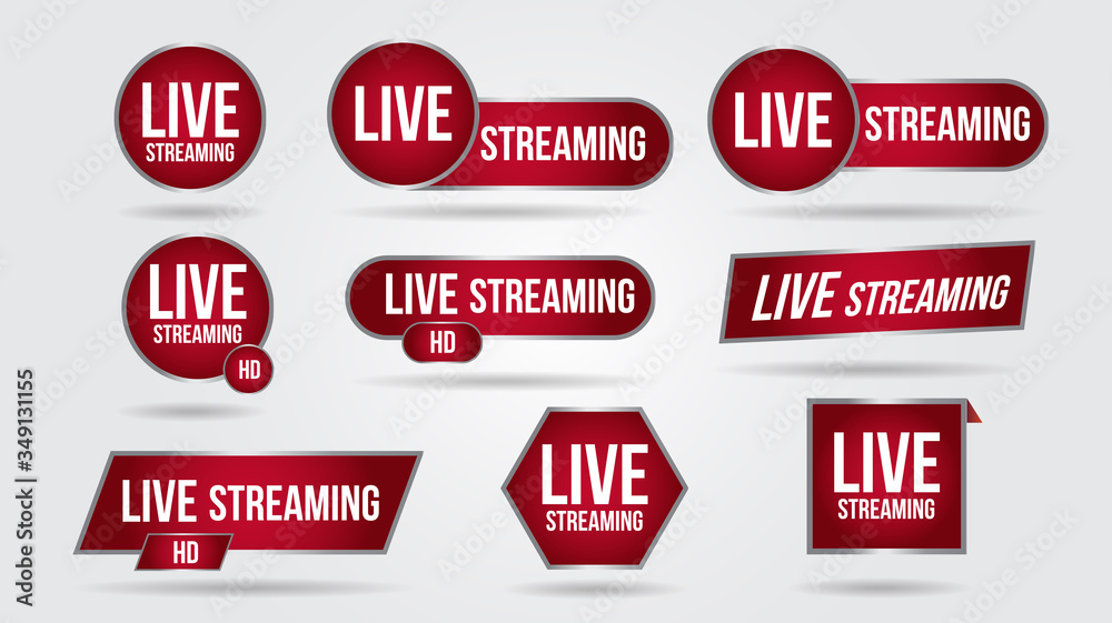Set of live video streaming icons logo tv news banner interface.Red ...