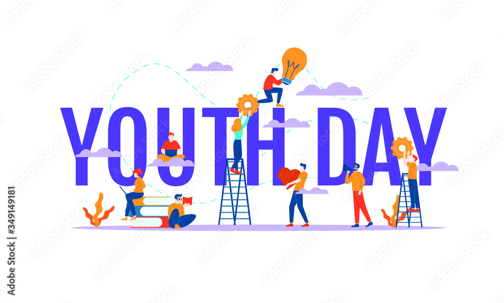 happy youth day big word with small people vector illustration concept ...