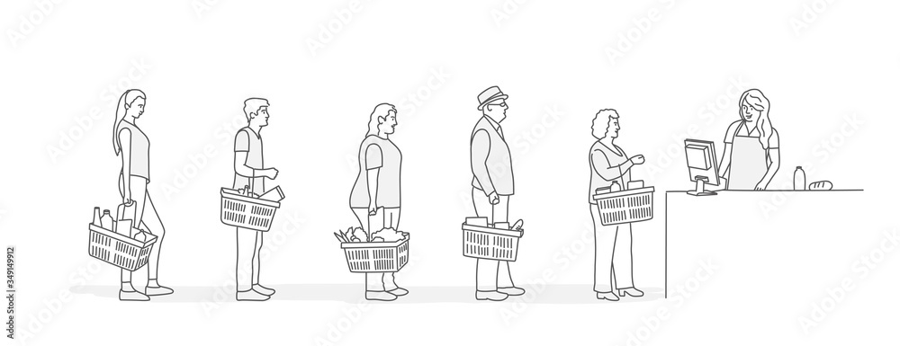 Customers stand in line at grocery or supermarket. Put buys on cashier ...