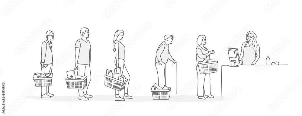 Customers stand in line at grocery or supermarket. Line drawing vector ...