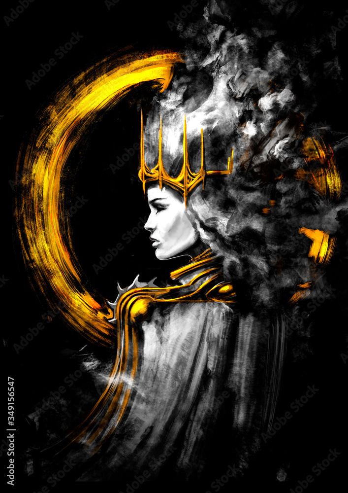 A mystical Queen with black eyes, a Golden crown on her head, long hair ...