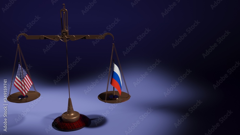 Flags of the Russian Federation and the USA on the bowls of the balance ...