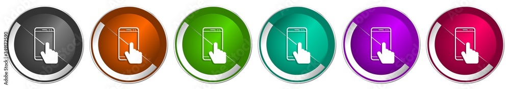 Smartphone icon set, mobile phone silver metallic chrome border vector ...