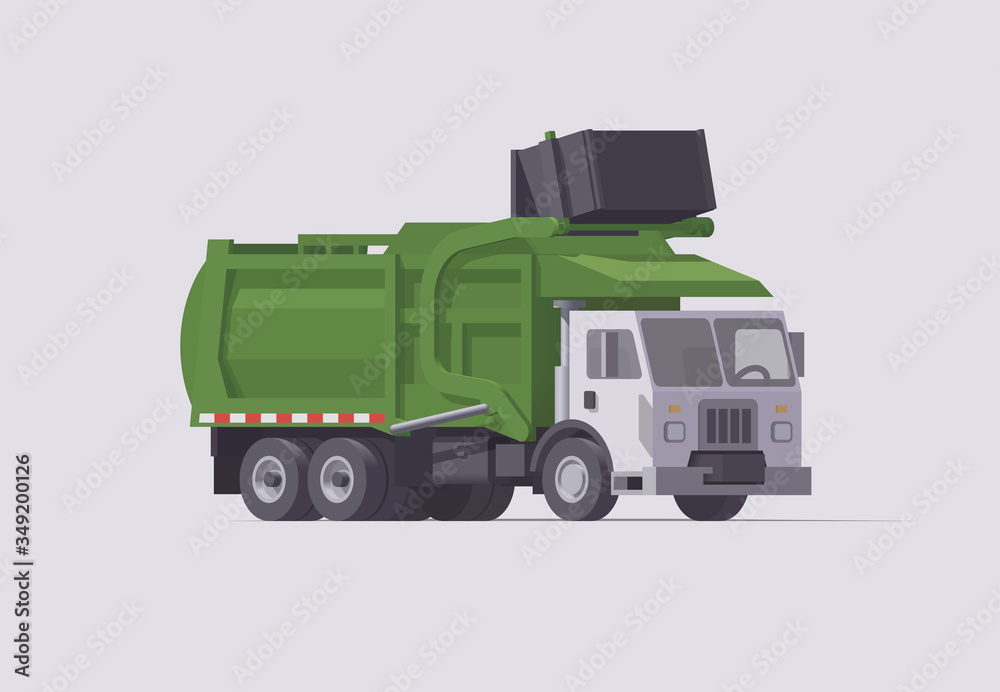 Vector green garbage truck. Front loader. Garbage loading. Isolated ...