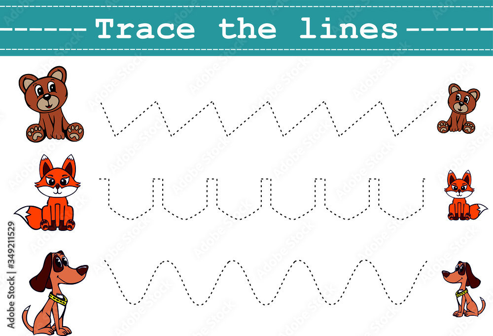 Trace line worksheet for kids with funny animals. Practicing fine motor ...