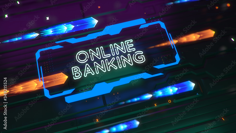 A luminous tech sign with the inscription ONLINE BANKING. abstract ...