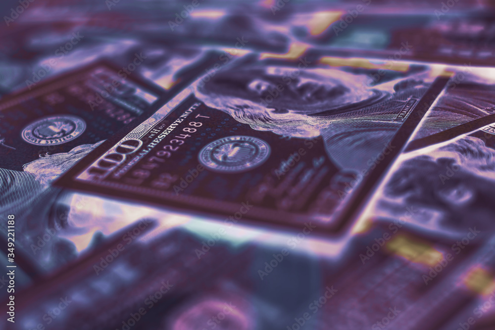 Close up Franklin's face on a one hundred dollar. American, US Dollars ...