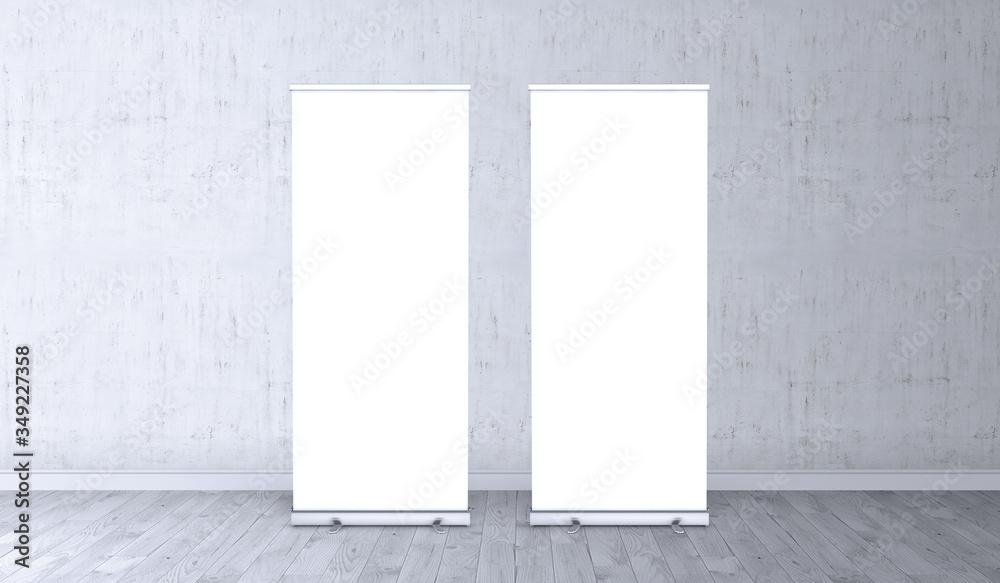 Empty rollup banners stand. Blank template mockups. Exhibition stand ...