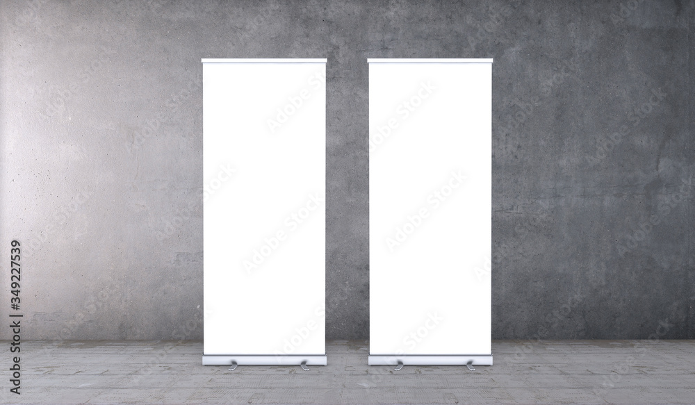 Empty rollup banners stand. Blank template mockups. Exhibition stand ...